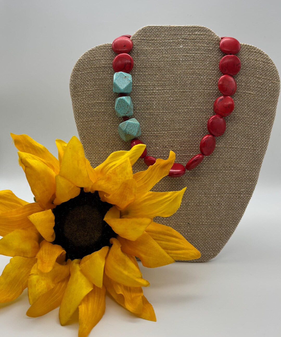 Red Coral and Turquoise Offset Necklace - Etsy