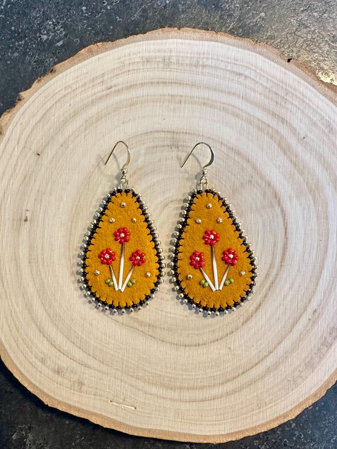 Beaded Teardrop Earrings on Deer Leather With Quill Accents and Red ...