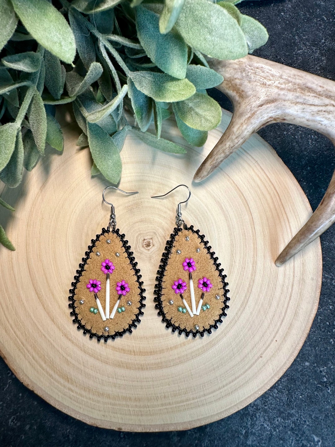 Beaded Teardrop Earrings on Moose Leather With Quill Accents and Pink ...