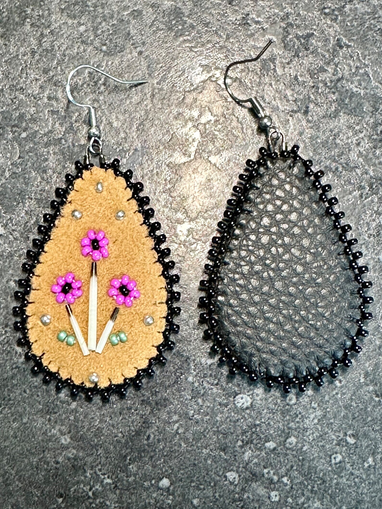 Beaded Teardrop Earrings on Moose Leather With Quill Accents and Pink ...