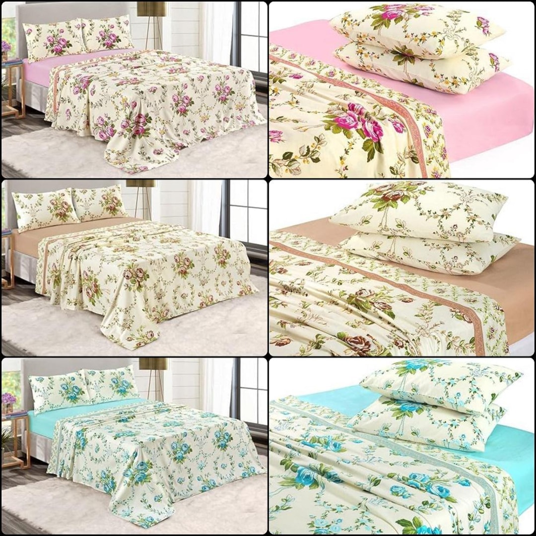 4pc Floral Printed Flannel Sheets Set (fitted Sheet + Flat Sheet ...