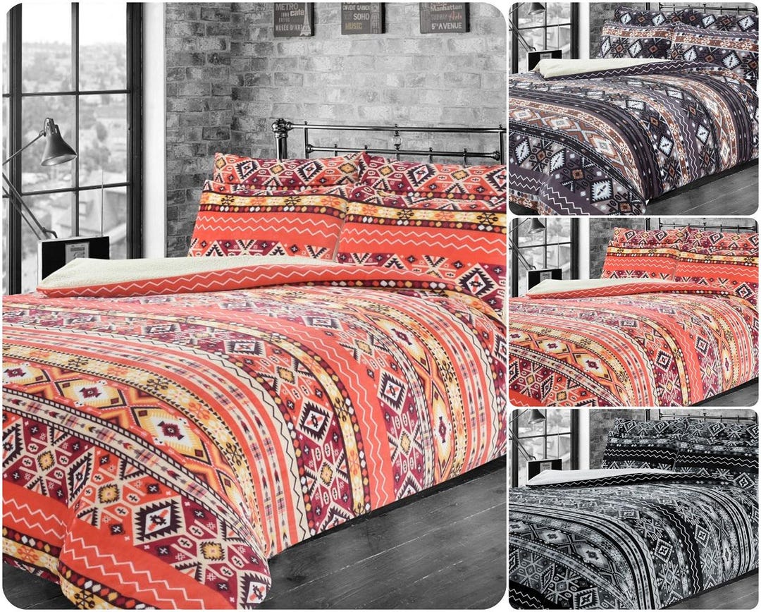 Aztec Teddy Fleece Duvet Cover & Pillowcases Bed Set - Easy Care Soft ...