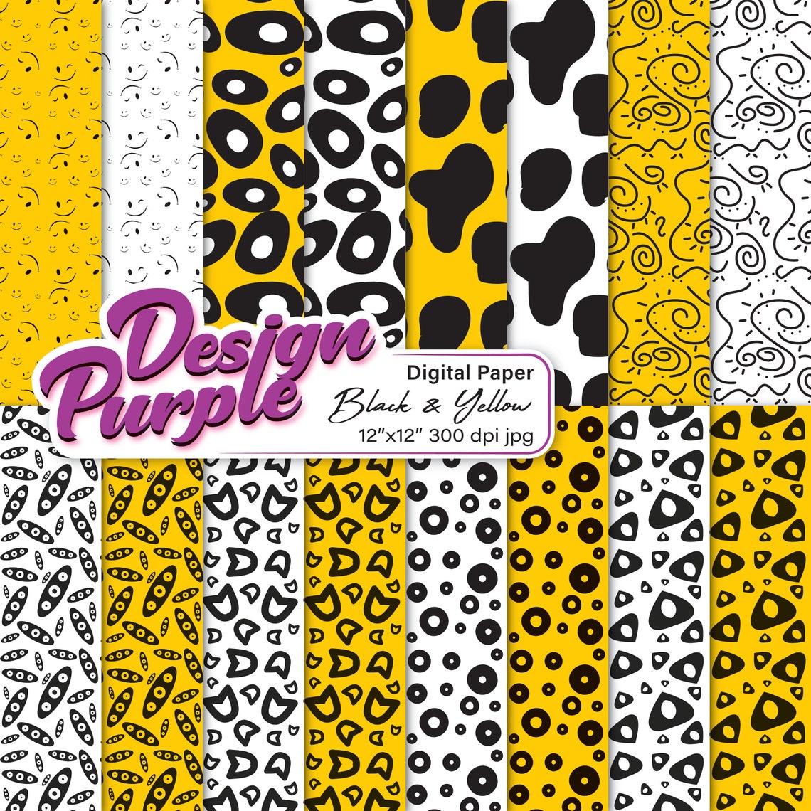Black&yellow Pattern, Digital Paper Set of 16 Papers, Digital Paper ...