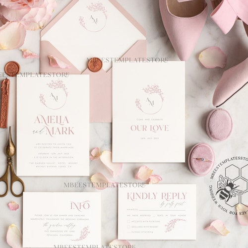 Minimalist Blush Wedding Invitation Template Instant Download - Etsy