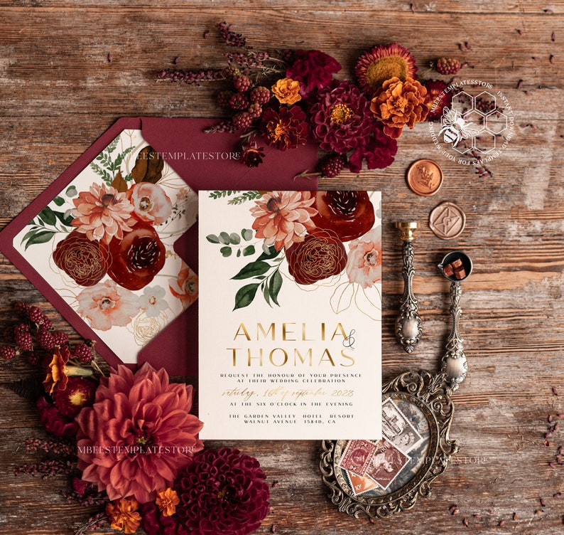 Boho Fall Wedding Invitations Set Template Instant Download - Etsy