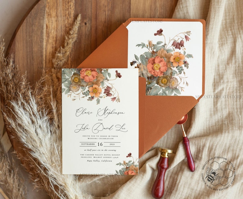 Boho Fall Wedding Invitations Set Template Instant Download - Etsy