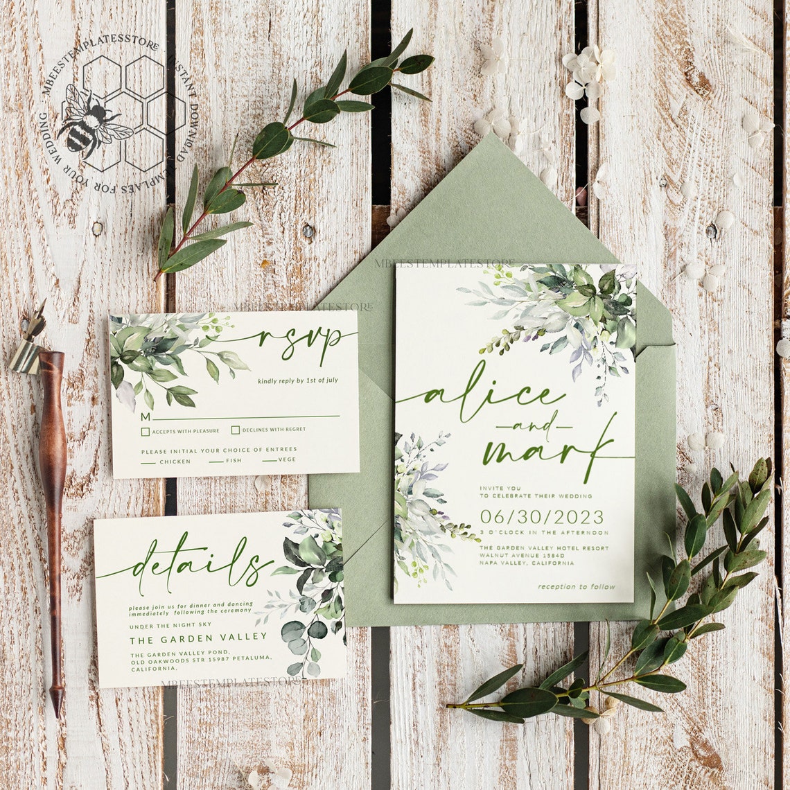 Sage Green Wedding Invitation Template Instant Download - Etsy
