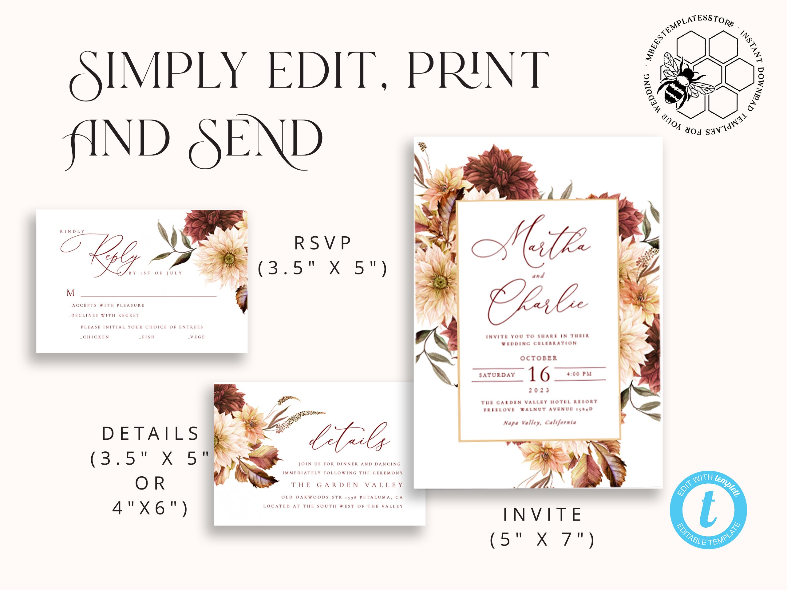 Terracotta Fall Wedding Invitation Template Instant Download - Etsy
