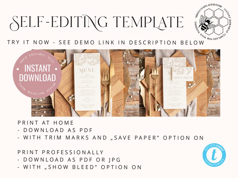 Rustic Wedding Menu Template, Dinner Menus Editable, Instant Download ...