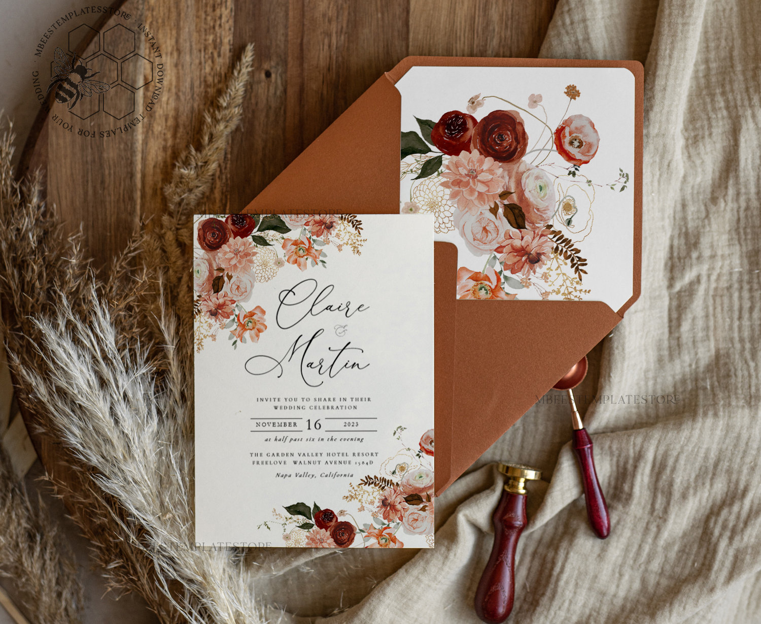 Boho Fall Wedding Invitations Set Template Instant Download - Etsy