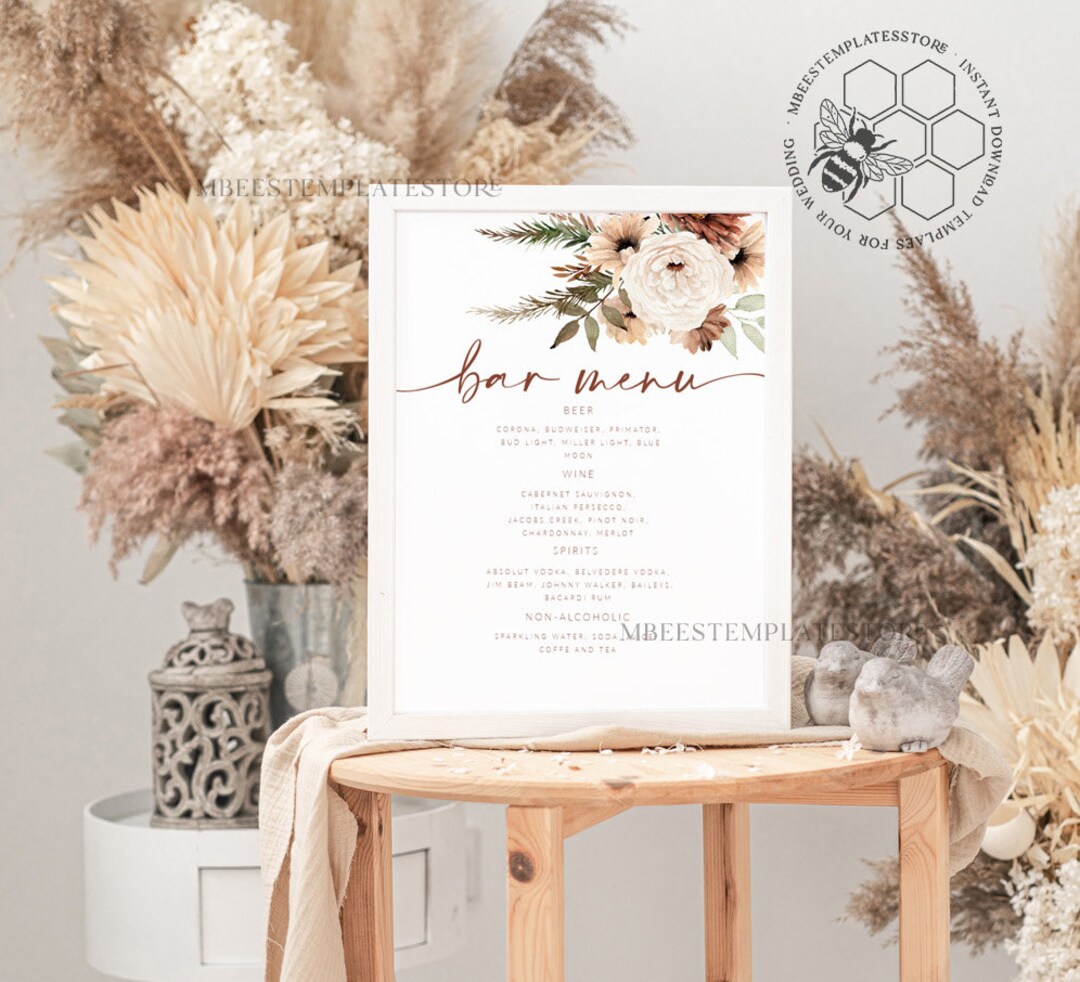 Boho Drink Bar Menu Template, Drinks Signs Editable, Instant Download ...