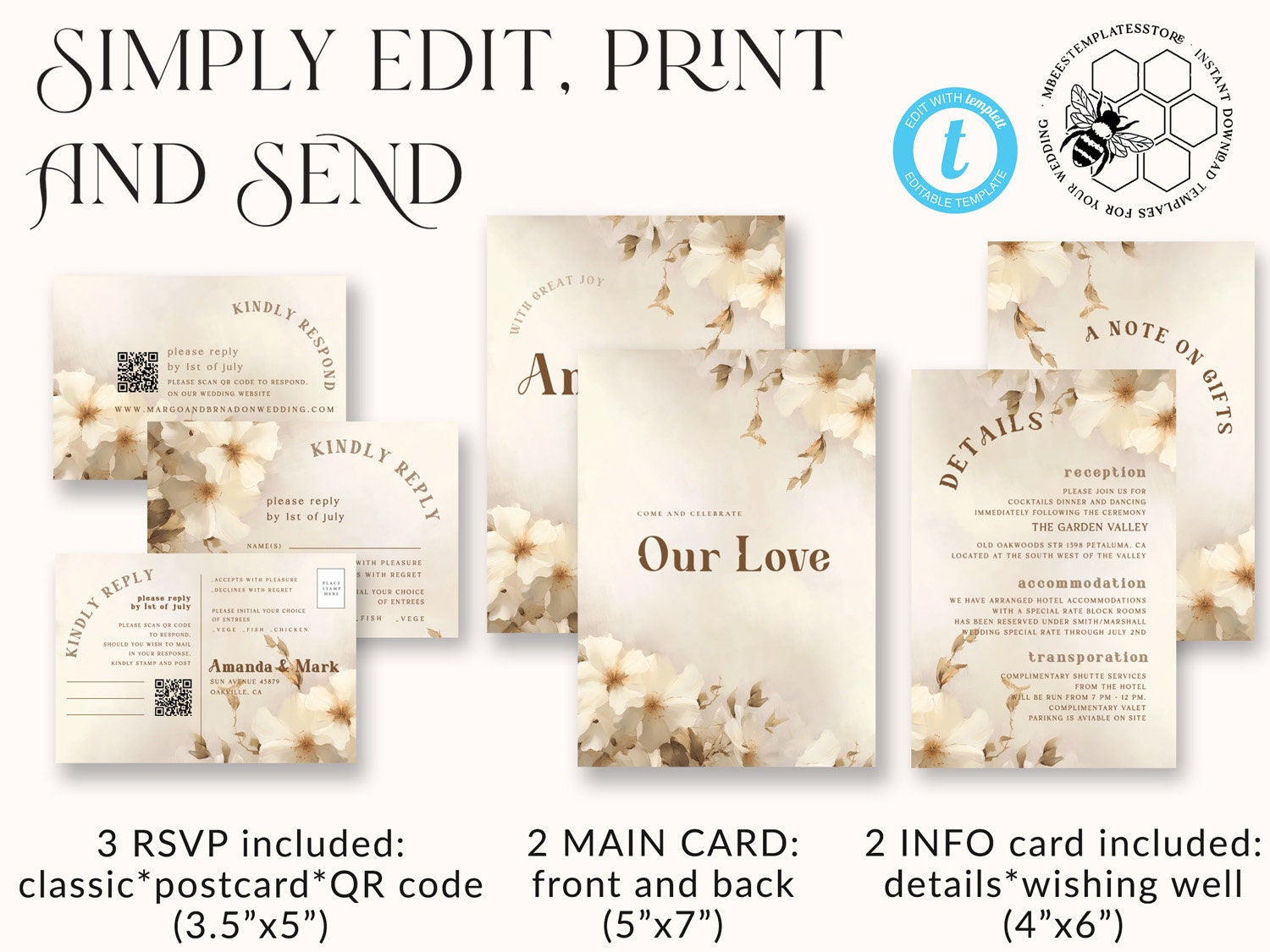 Boho Simple Vintage Flowers Wedding Invitations Set Template, Instant ...