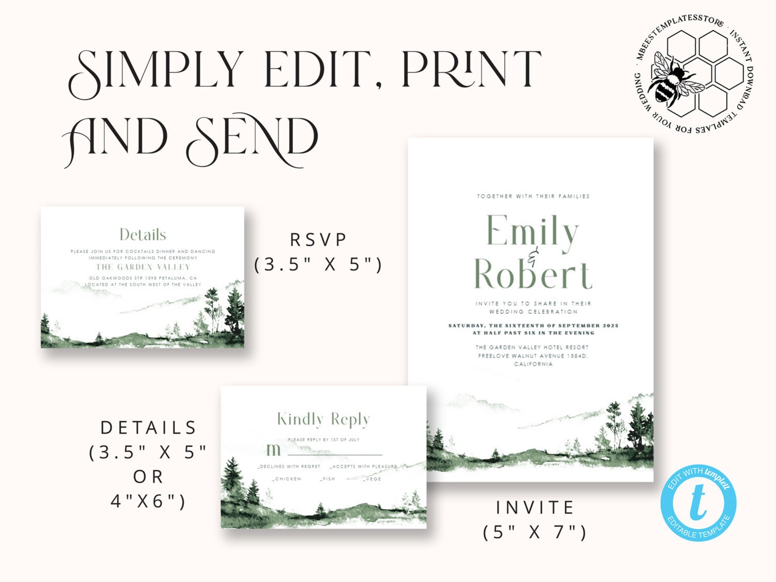 Forest Simple Wedding Invitation Template, Instant Download Mountain ...