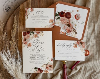 Boho Fall Wedding Invitations Set Template, Instant Download Printable ...