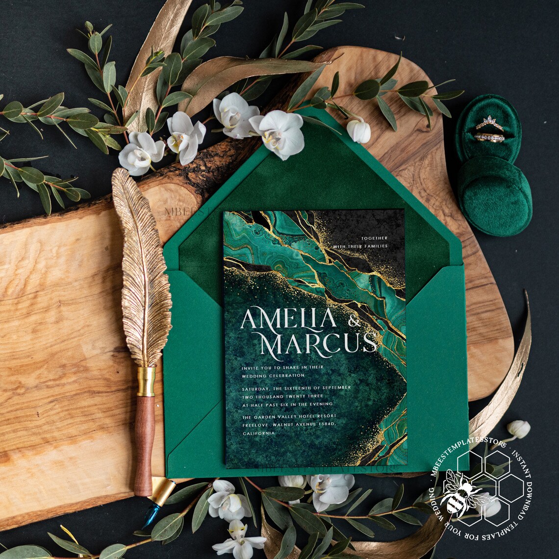 Emerald Green Wedding Invitation Template, Instant Download Greenery ...