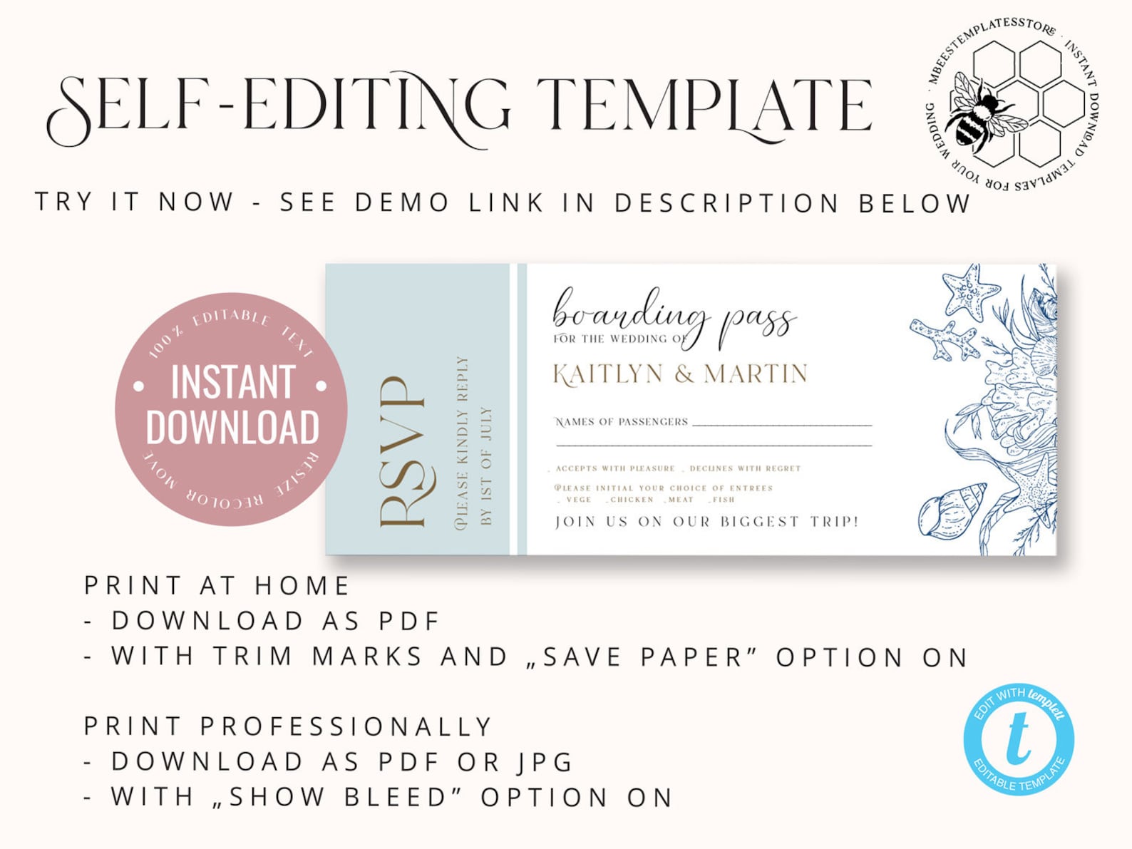 Passport Wedding Invitation Template, Instant Download Destination ...