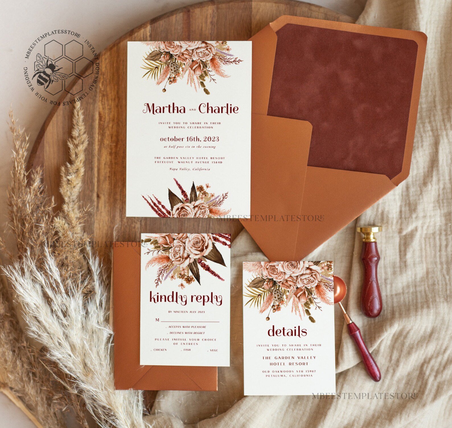 Boho Fall Wedding Invitations Set Template, Instant Download Printable ...
