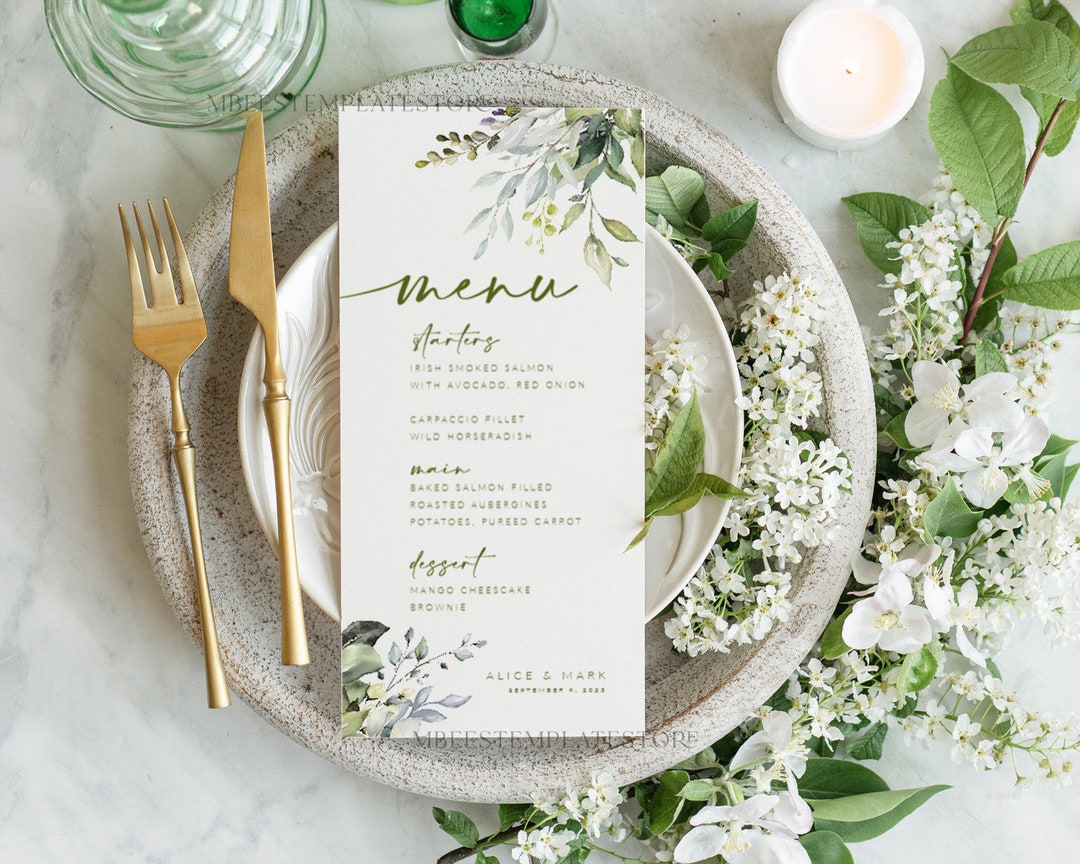 Green Wedding Menu Template, Dinner Menus Editable, Instant Download ...
