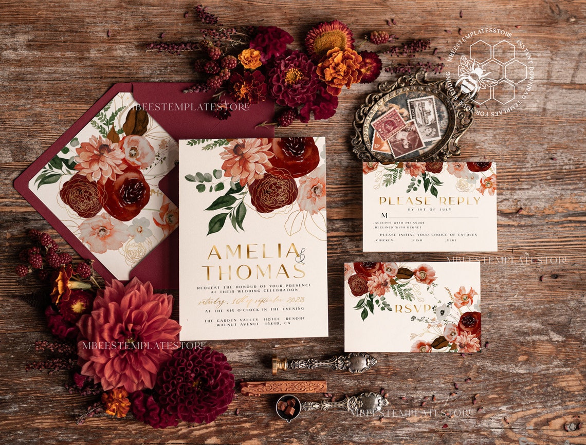 Boho Fall Wedding Invitations Set Template Instant Download - Etsy