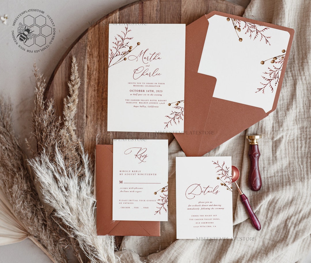 Boho Fall Wedding Invitations Set Template, Instant Download Printable ...