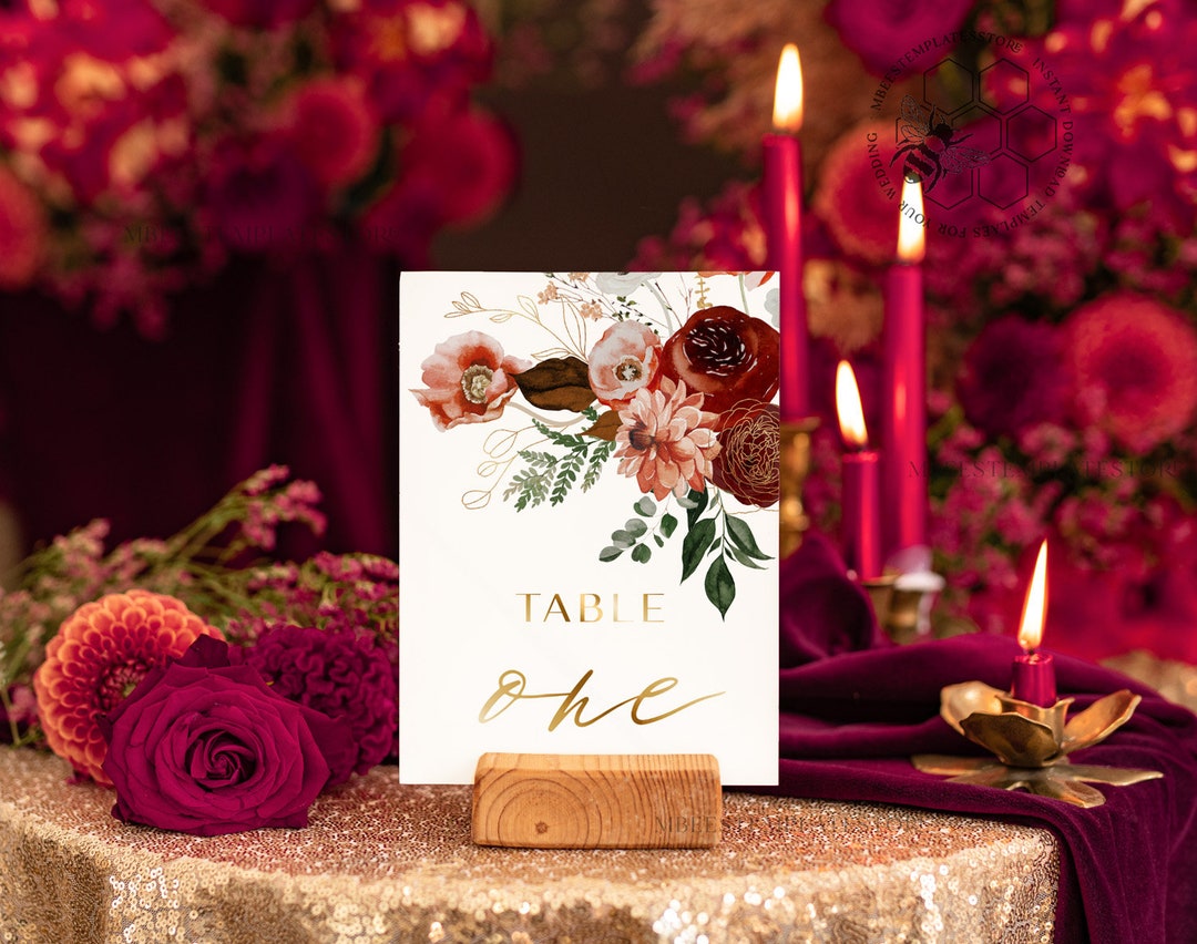 Fall Maroon Table Number Template, Burgundy Gold Autumn This Digital ...