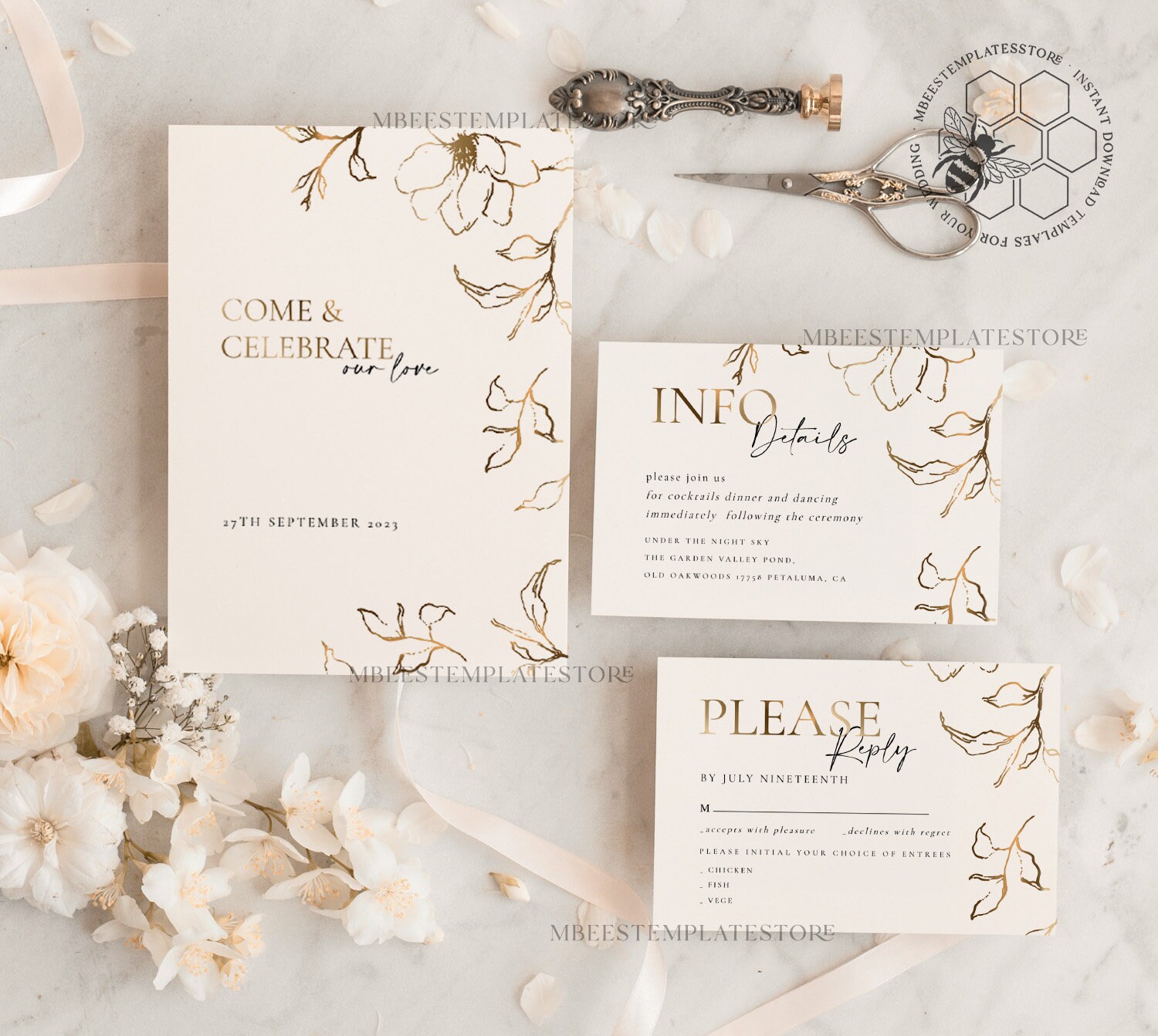 Fine Art Gold Wedding Invitation Template Instant Download - Etsy
