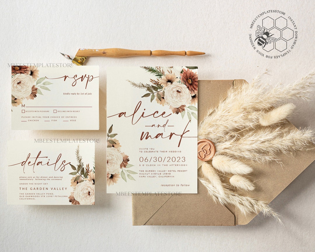 Boho Ivory Wedding Invitations Set Template, Instant Download Printable ...