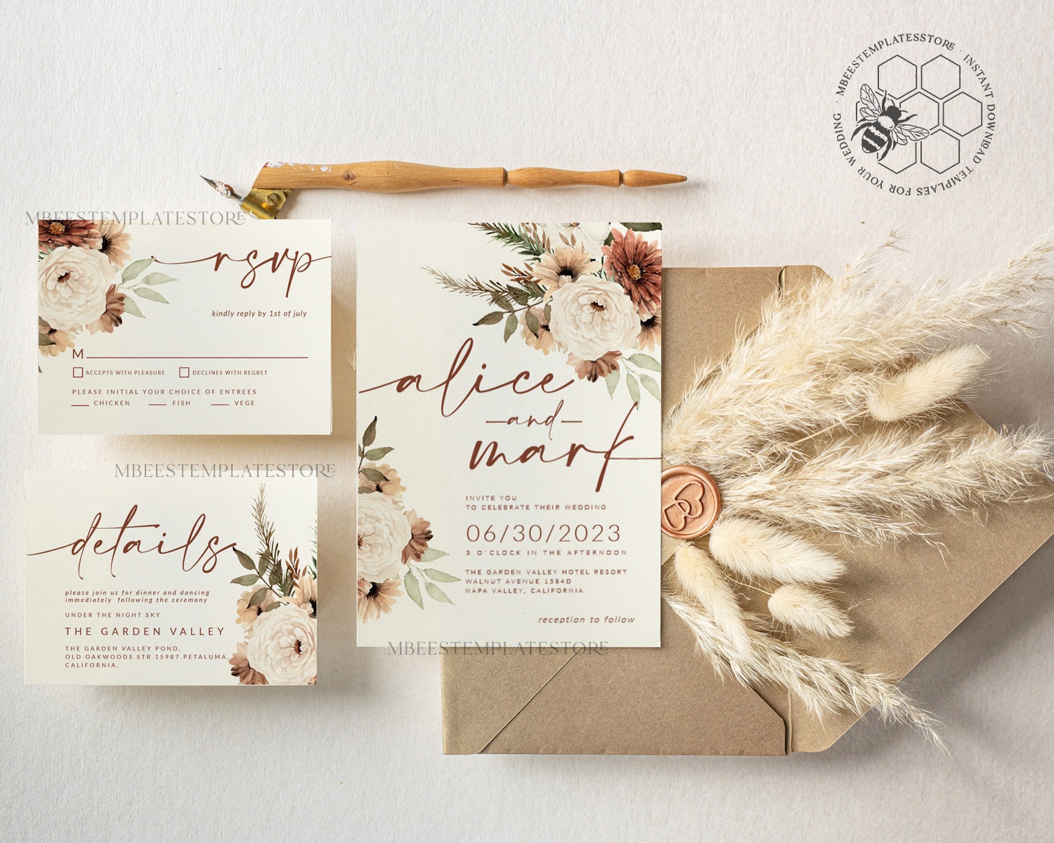 Boho Ivory Wedding Invitations Set Template Instant Download - Etsy