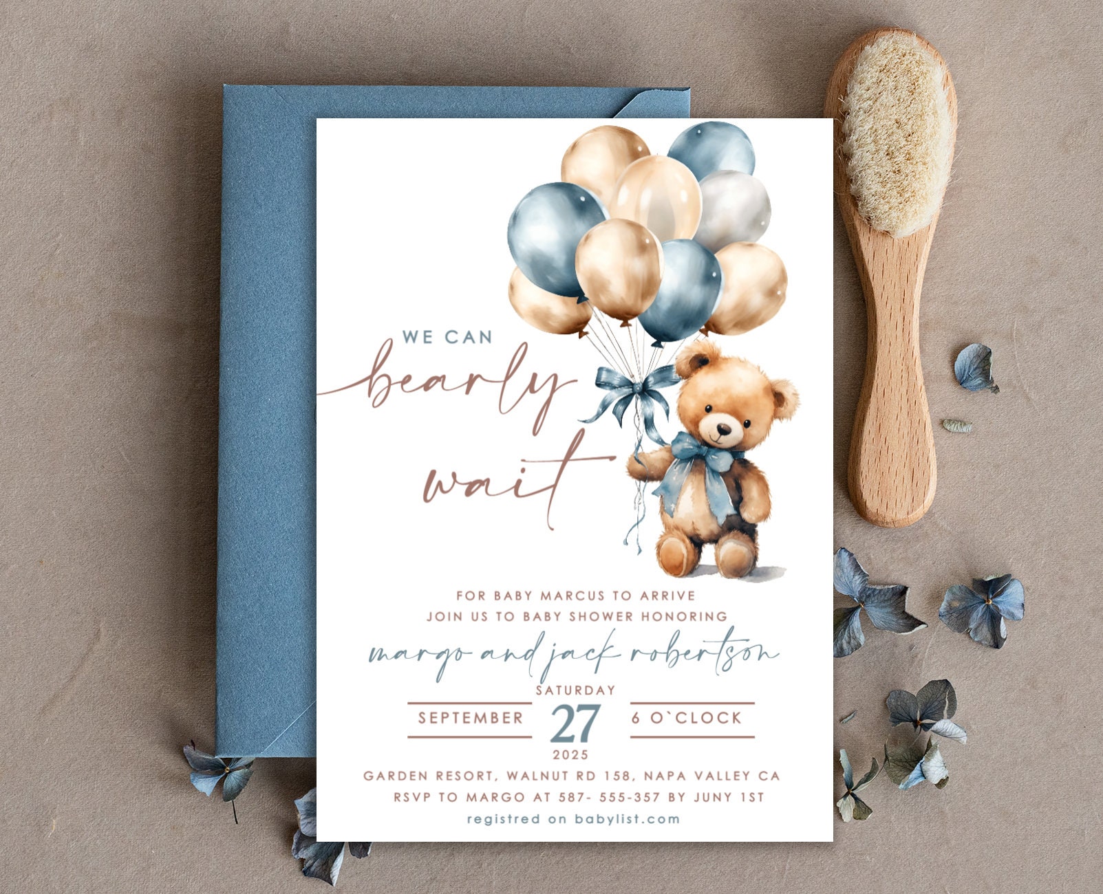 Teddy Bear Baby Boy Shower Invitation Template Set We Can Bearly Wait ...