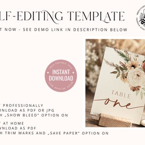 Boho Table Number Template, Rustic Table Numbers Editable, Instant ...