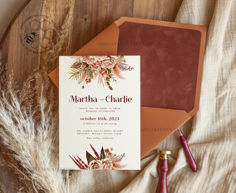 Boho Fall Wedding Invitations Set Template, Instant Download Printable ...