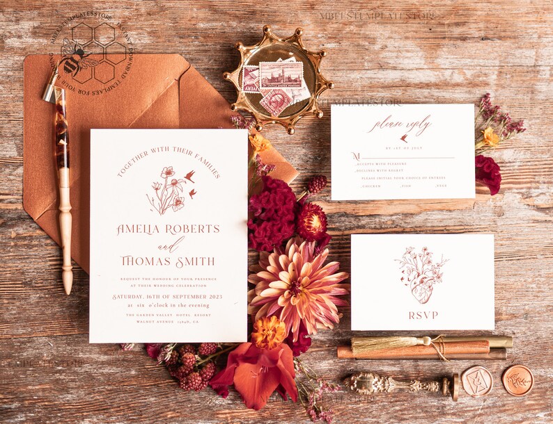 Boho Fall Wedding Invitations Set Template, Instant Download Printable ...