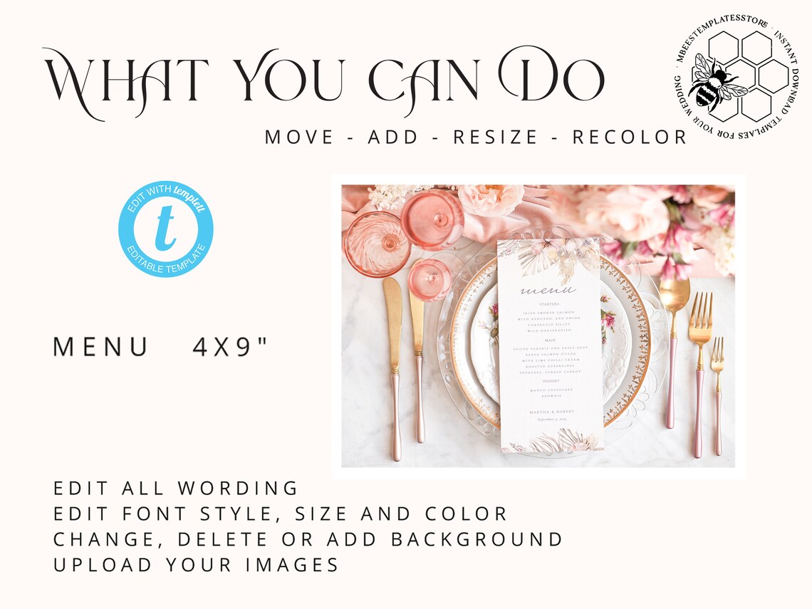 Boho Wedding Menu Template Dinner Menus Editable Instant - Etsy