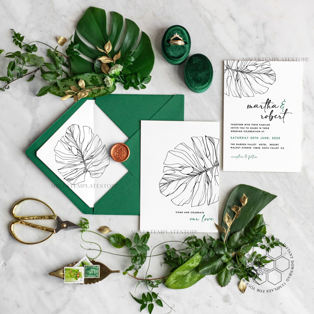 Monstera Green Wedding Invitation Template, Instant Download Greenery ...
