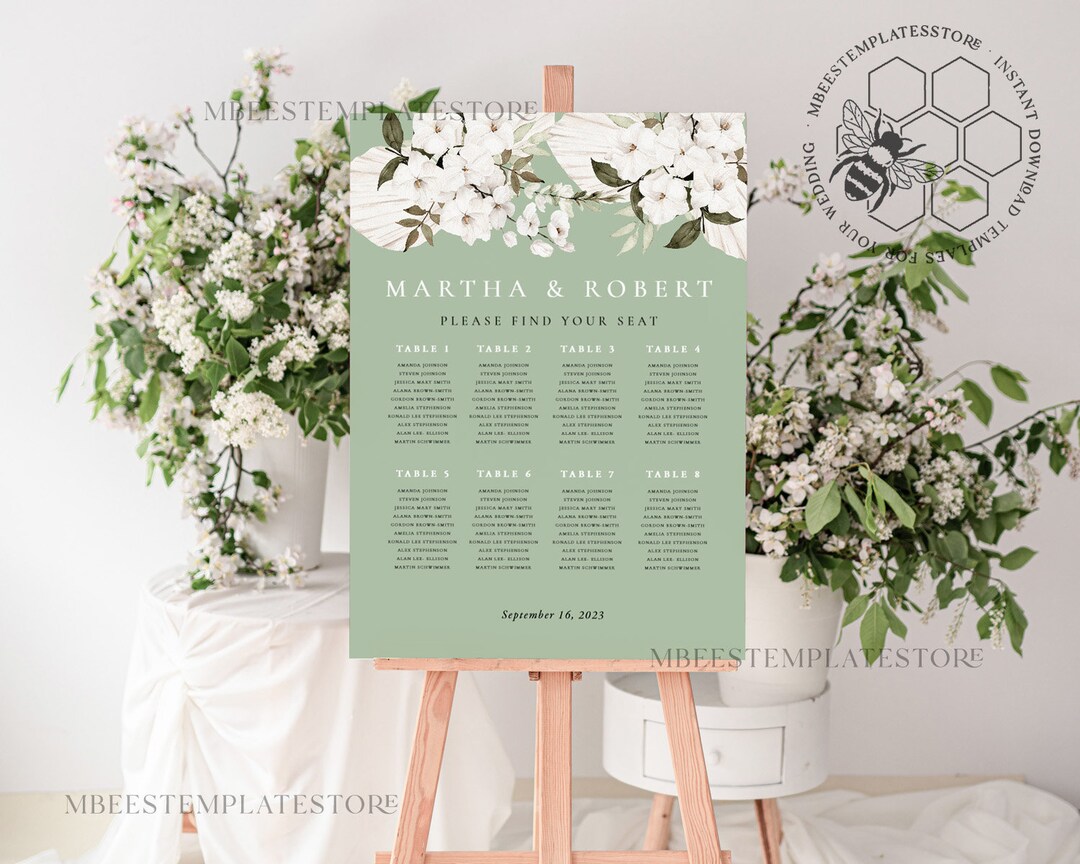 Green Wedding Table Plan Sign Template, Wedding Seating Chart Template ...