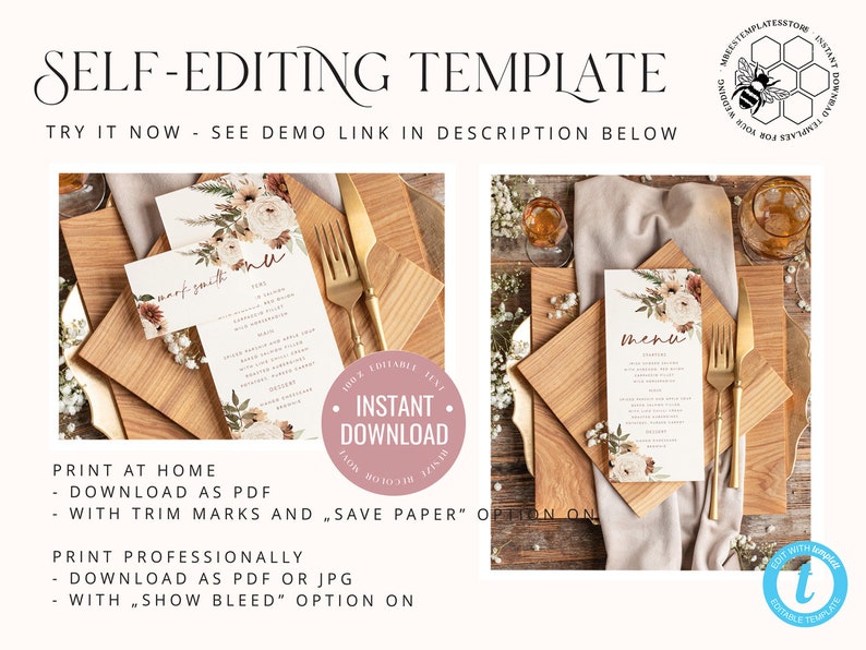 Rustic Wedding Menu Template Dinner Menus Editable Instant - Etsy