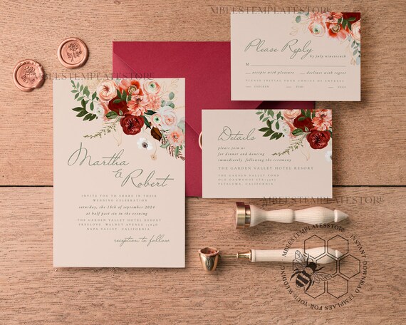 Modern Rustic Wedding Invitations Set Template Instant - Etsy