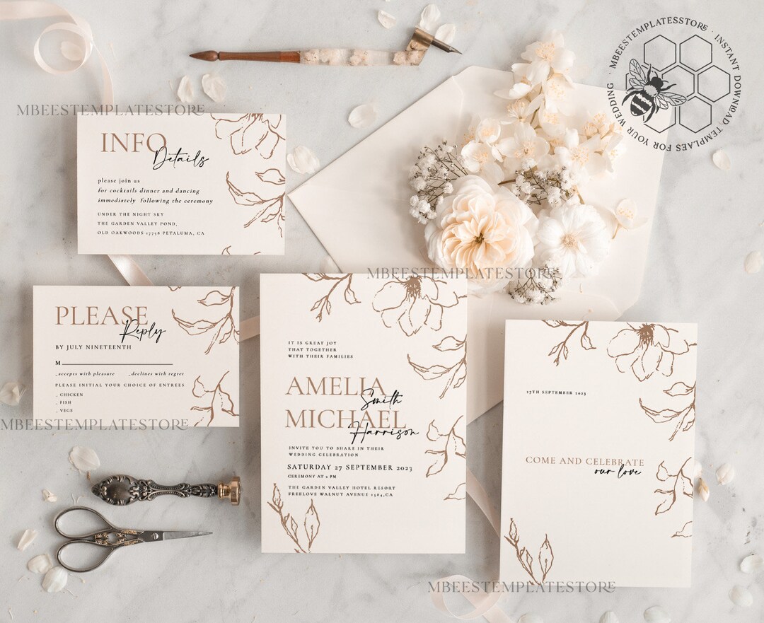 Fine Art Beige Wedding Invitation Template, Instant Download Boho ...
