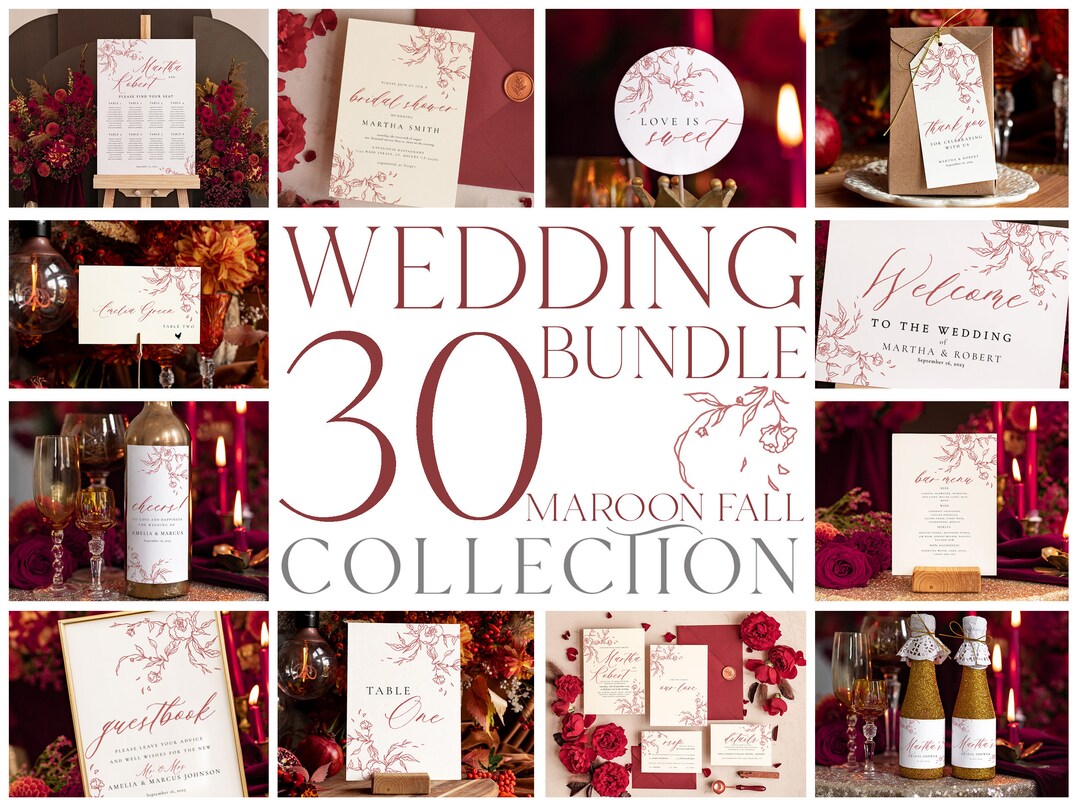 Maroon Fall Boho Rustic Wedding Invitation Template Dowload Set ...