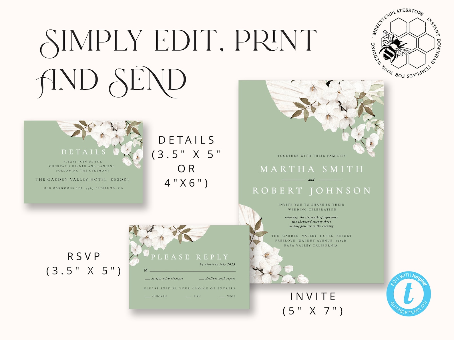 Sage Green Wedding Invitation Template Instant Download - Etsy