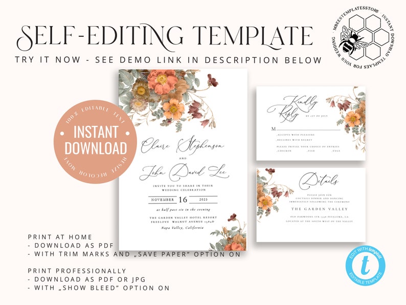 Boho Fall Wedding Invitations Set Template Instant Download - Etsy