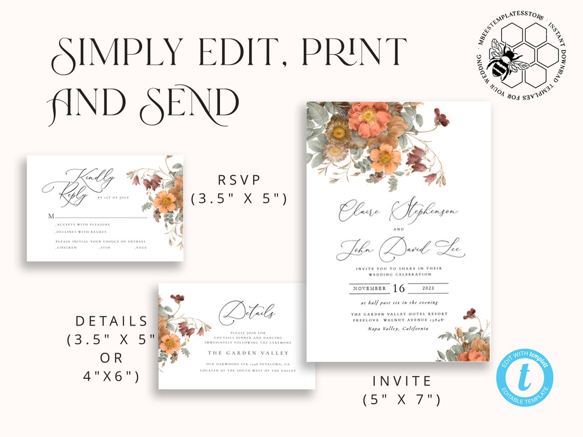 Boho Fall Wedding Invitations Set Template Instant Download - Etsy