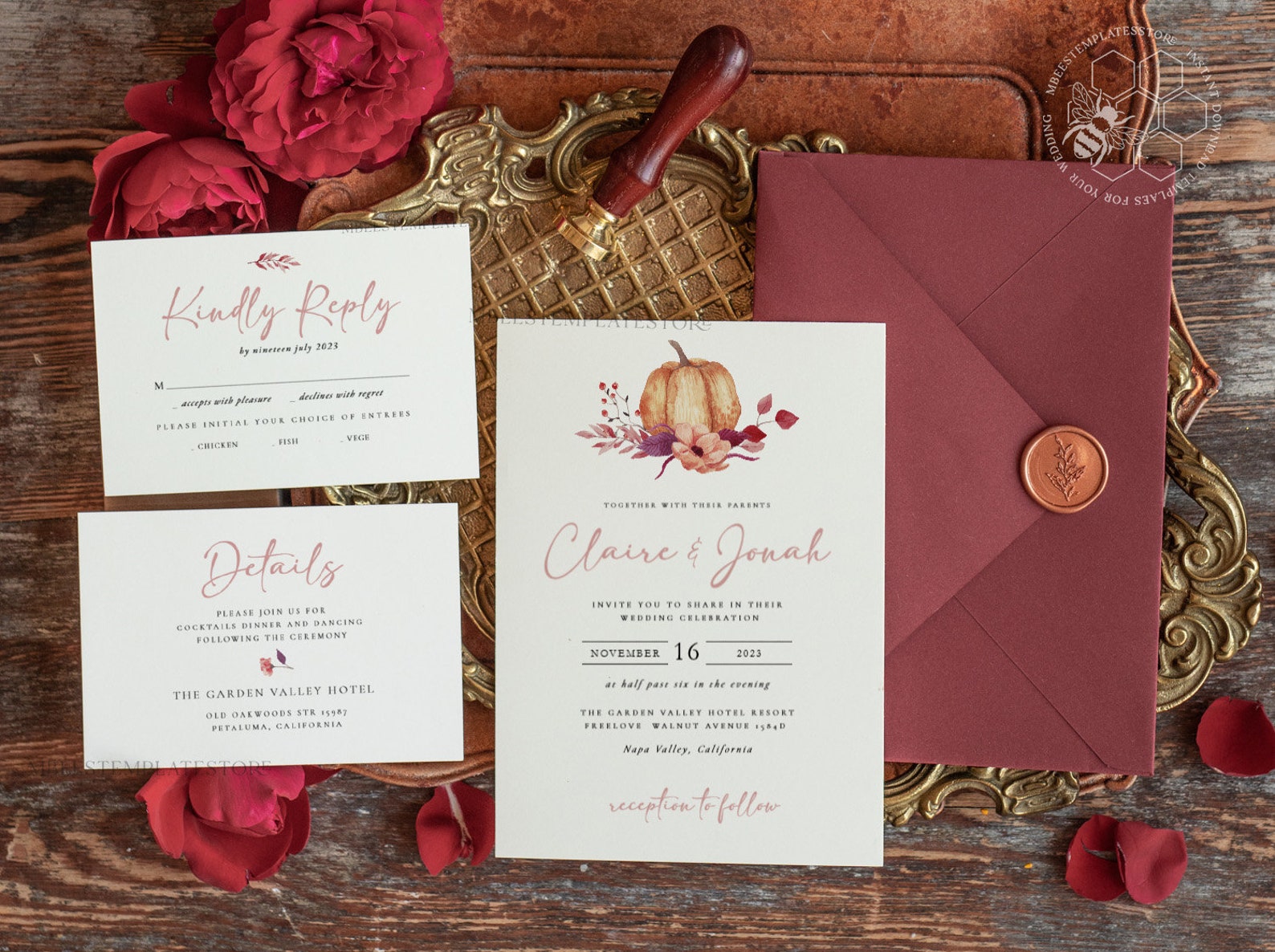Boho Fall Wedding Invitations Set Template, Instant Download Printable ...