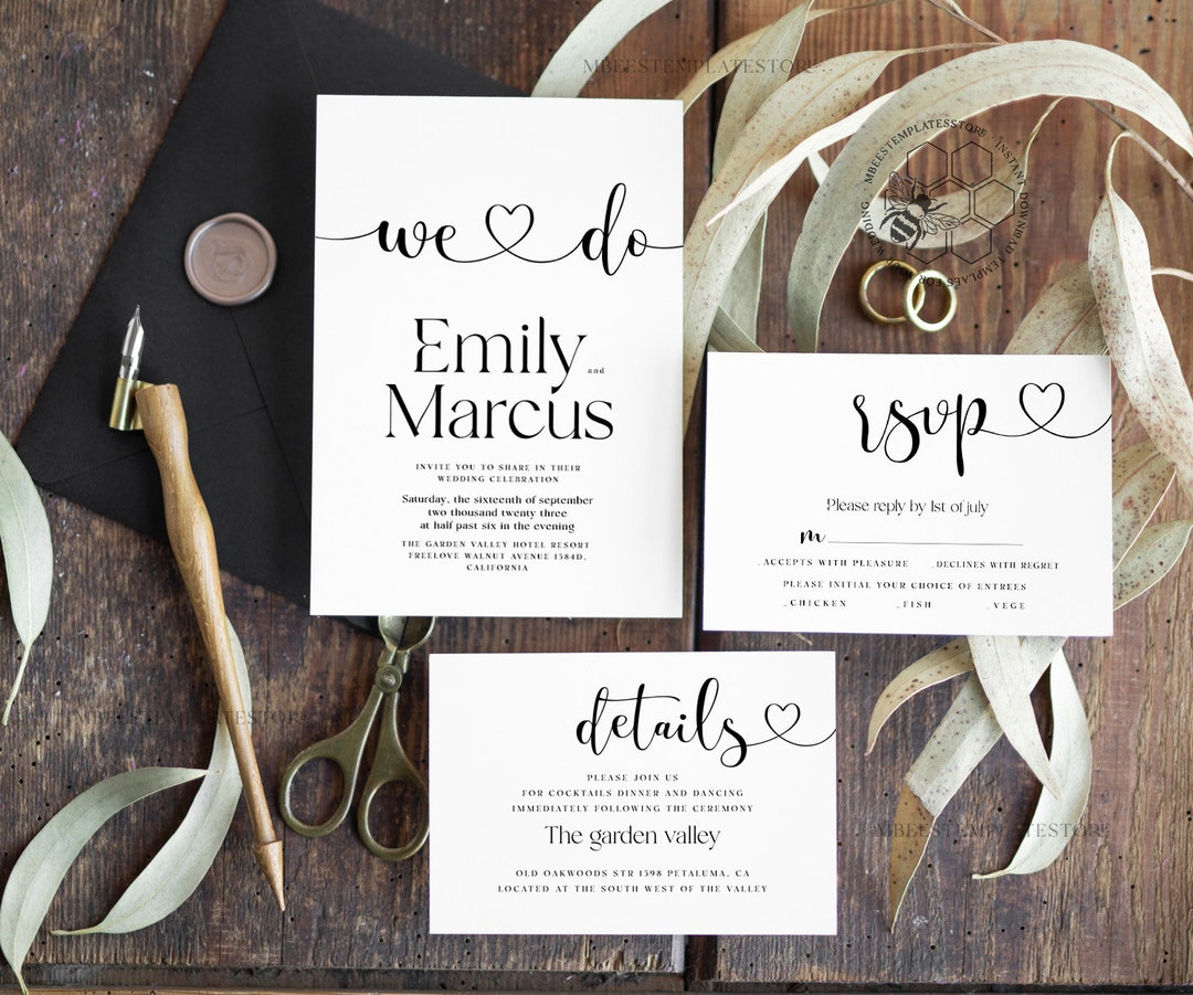 Romantic Modern Wedding Invitations Set Template, Instant Download ...