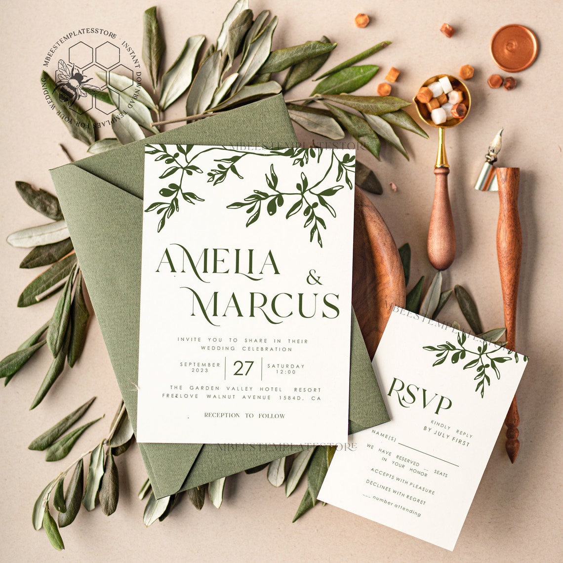 Olive Wedding Invitation Template Instant Download Tuscany - Etsy