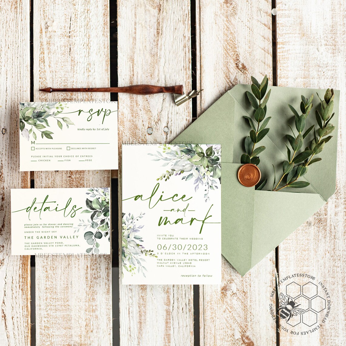 Sage Green Wedding Invitation Template Instant Download - Etsy