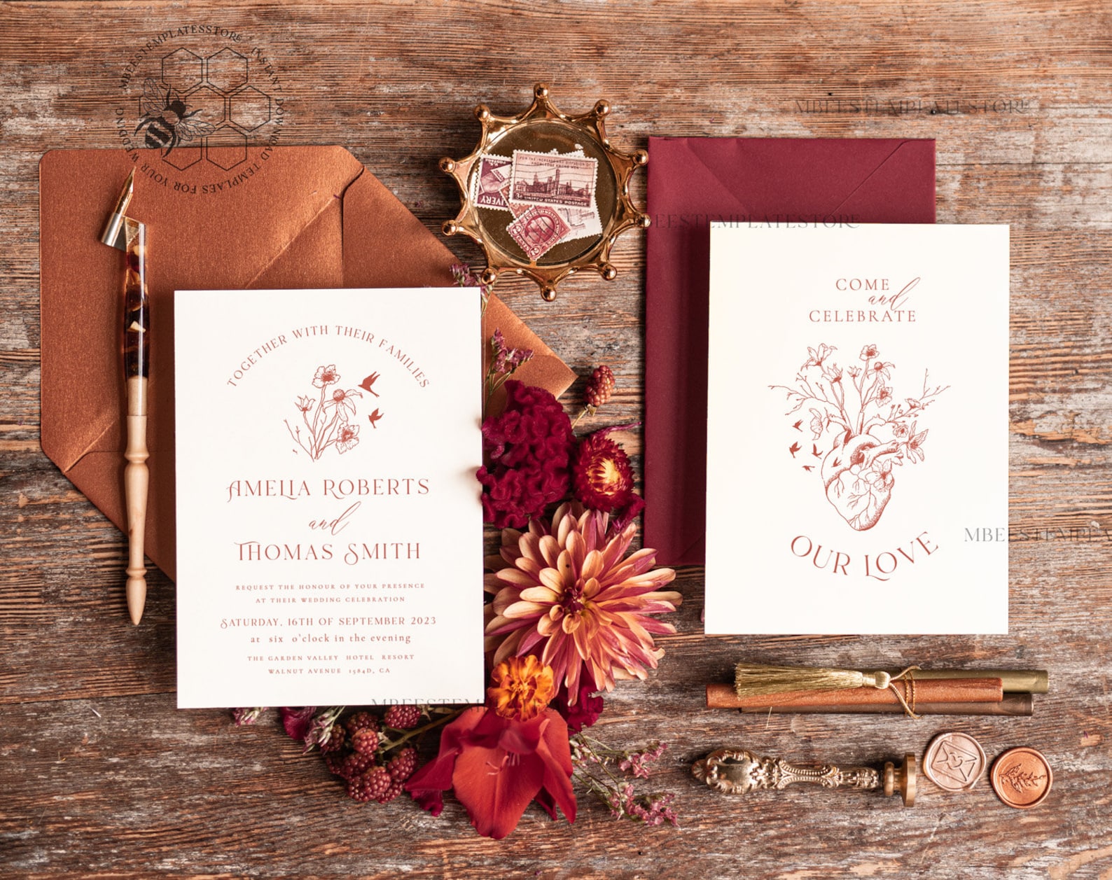 Boho Fall Wedding Invitations Set Template, Instant Download Printable ...