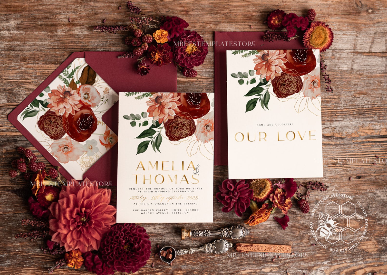 Boho Fall Wedding Invitations Set Template Instant Download - Etsy