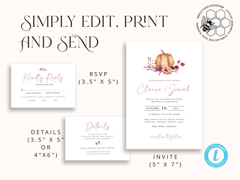 Boho Fall Wedding Invitations Set Template Instant Download - Etsy