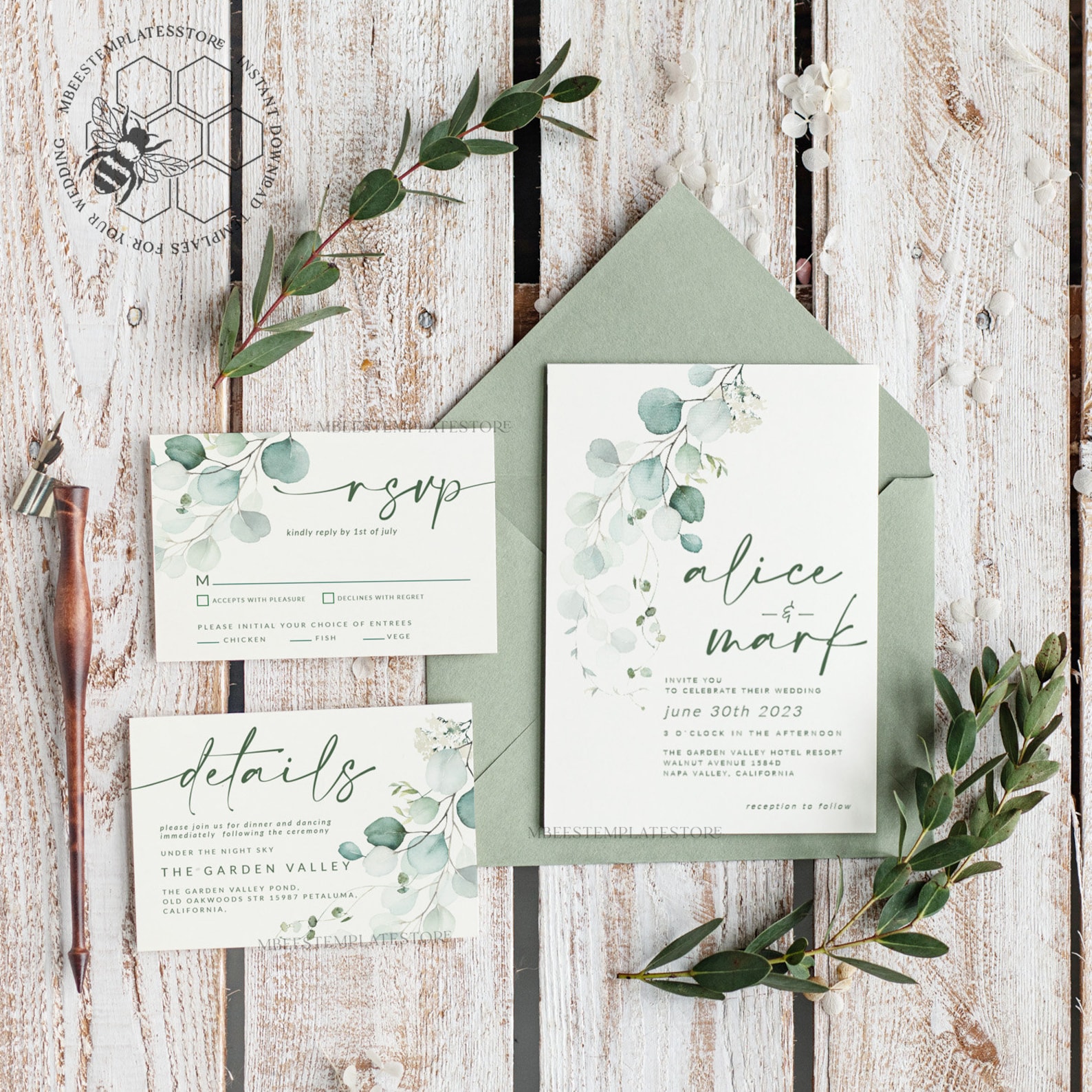 Sage Green Wedding Invitation Template Instant Download - Etsy